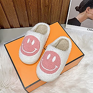 PLMOKN Smile Face Slippers,Retro Soft Plush Lightweight House Slippers Slip-on Cozy Indoor Outdoor Slippers,Slip on Anti-Skid Sole white + pink01 6-7Women/5-6Men