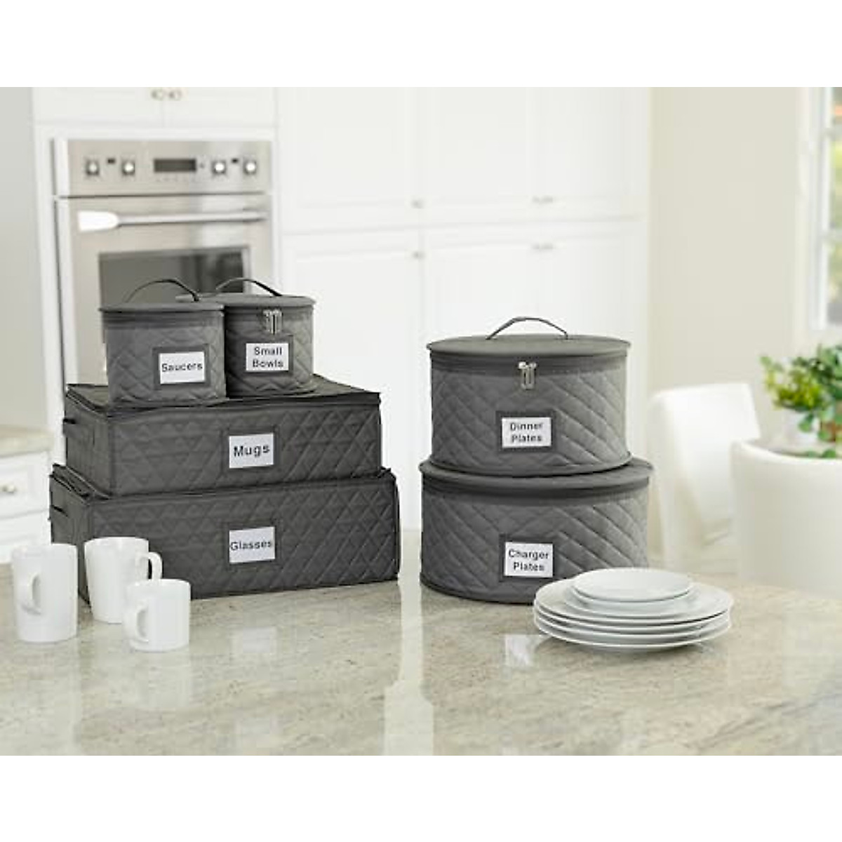 2 Pack 8" Bowl and Dessert Plate Storage Cases - China Storage Container - Stackable With Padded Interior to Store and Transport Your Fine China Dinnerware Dishes - 24 Felt Pads Included - Gray