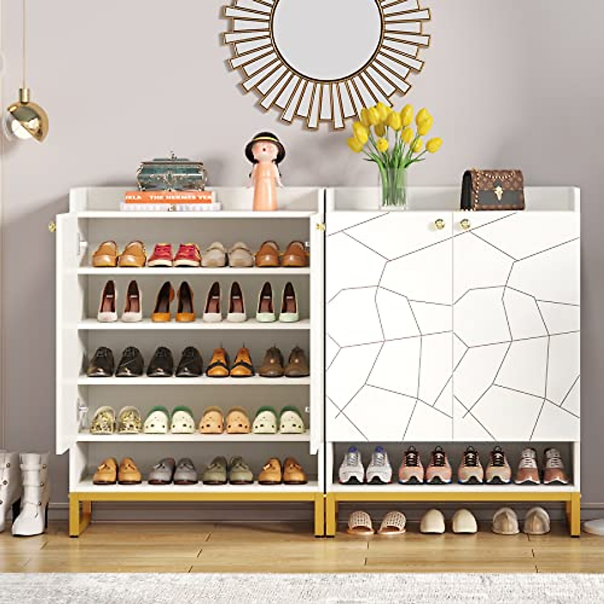 LITTLE TREE White and Gold 5-Tier Shoe Cabinet with Storage, 2-Door Shoes Organizer Cabinets for Entryway