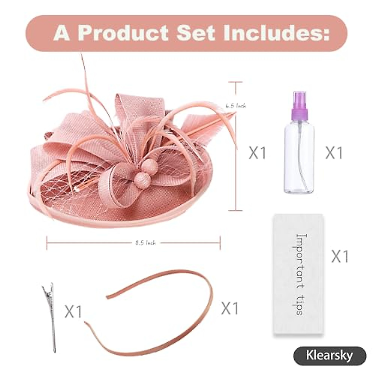 Klearsky Pink Derby Hat for Women, Fascinator Hats for Special Occasions, Lightweight Straw Church Hat with Feathers, Blush Pink, One Size