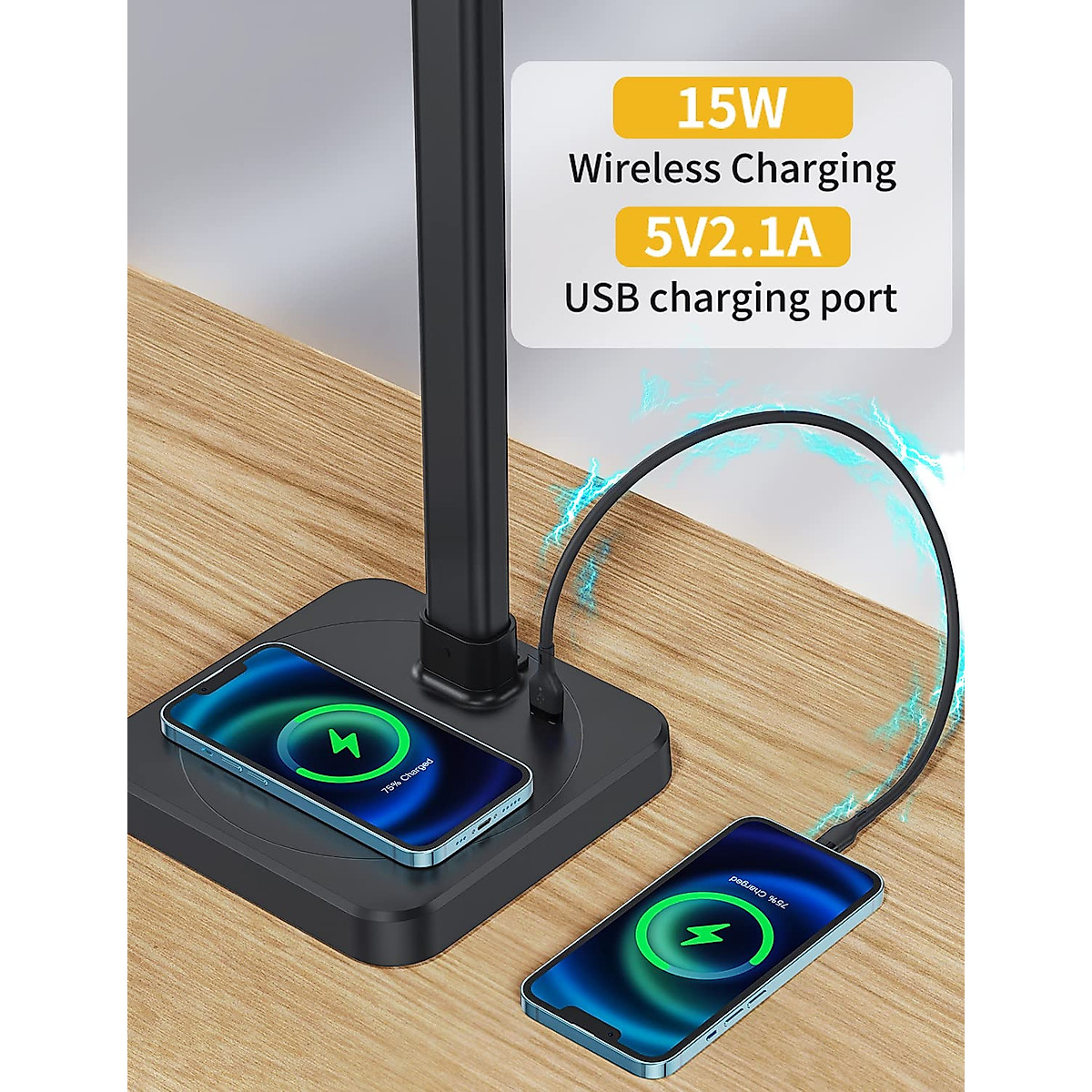 AKRRYR LED Desk Lamp for Home Office, Double Head 24W with USB Charging Port & Wireless Charger, Architect Light 5 Lighting Brightness Flexible Gooseneck Table Reading Study, Black