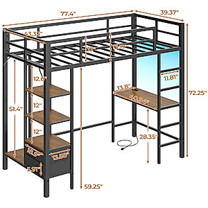 DICTAC Twin Size Loft Bed with Desk and Led Lights Metal Loft Bed with Charging Station & Storage Shelves and Drawers Twin Junior Bed with Clothes Rail,Safety Guard &Ladder,No Box Spring Needed,Black