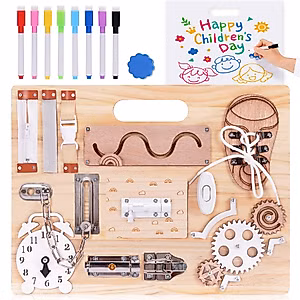 HAN-MM Montessori Busy Board for Toddlers Blackboard with 8 Maker and Eraser Wooden Montessori Toys for Toddlers - Travel Toy with Educational Activities and Fine Motor Skills Activity Buckle Toy