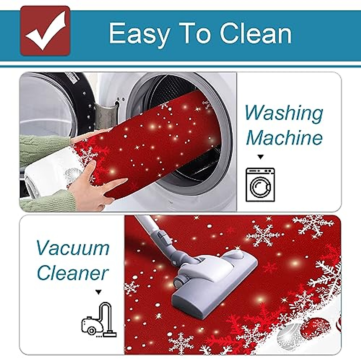 2 Pieces Kitchen Rugs and Mats Red Christmas Shiny Stars Xmas Balls,Non Slip Indoor Doormats Set,Washable Floor Carpet Area Runner for Laundry Sink Home Decor Winter Snowflakes