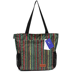 ESVAN Original Floral Water Resistant Tote Bag Large Shoulder Bag with Multi Pockets for Gym Hiking Picnic Travel Beach Daily Bags (Green)