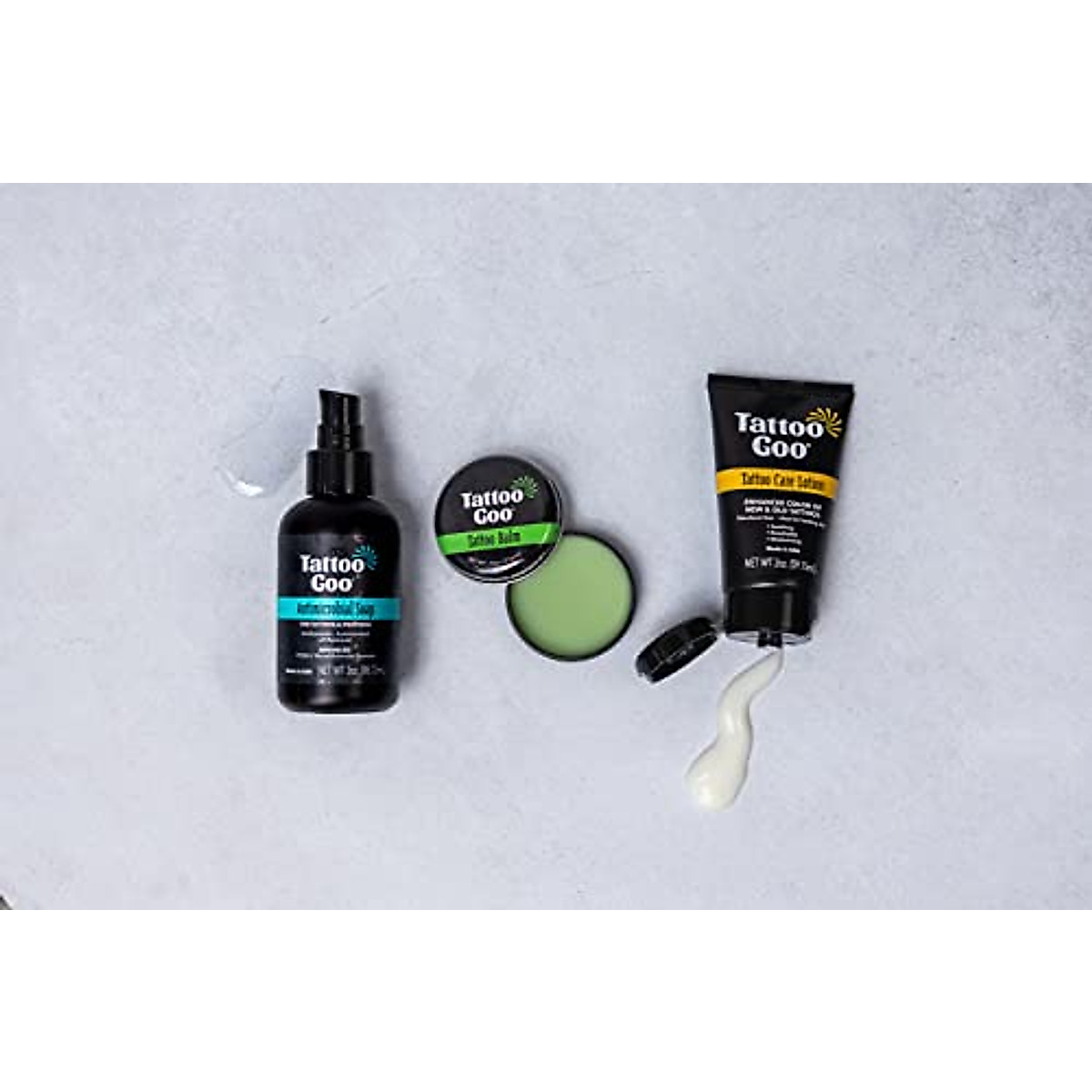 Tattoo Goo Aftercare Kit Includes Antimicrobial Soap, Balm, and Lotion, Tattoo Care for Color Enhancement + Quick Healing - Vegan, Cruelty-Free, Petroleum-Free, Tattoo Artist Gifts (3 Piece Set)