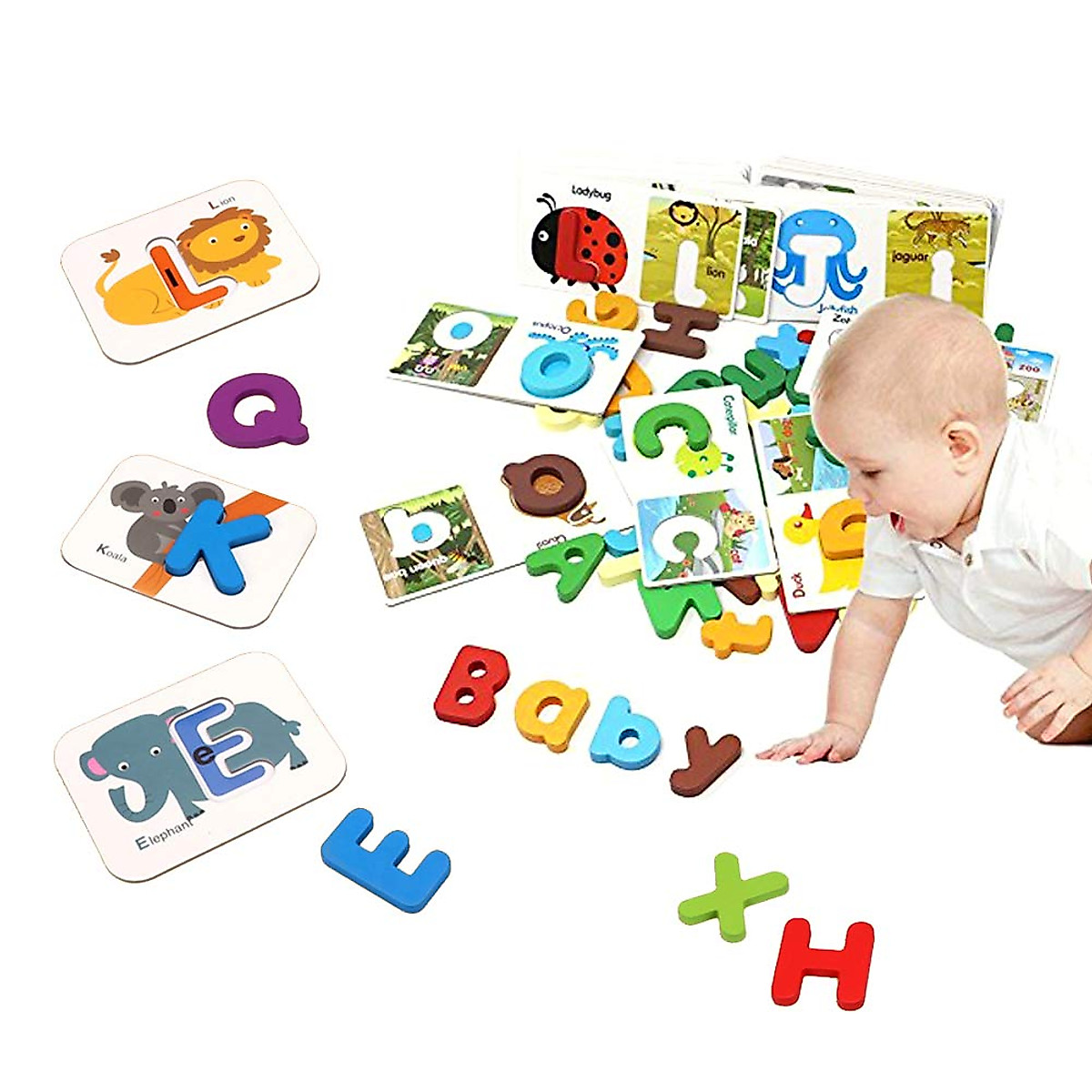 Vankcp 26Pcs Wooden Letters Card Numbers Alphabets ABC Flash Cards Set Montessori Animal Color Cognition Matching Puzzle Game