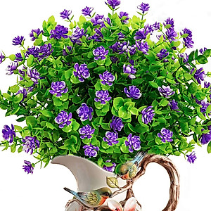 ZWYOQI 8 Bundles Artificial Flowers Outdoor UV Resistant Fake Plastic Plants Faux Greenery Shrubs Indoor Outside Hanging Planter Home Kitchen Office Wedding Garden Décor (Purple/8pcs)