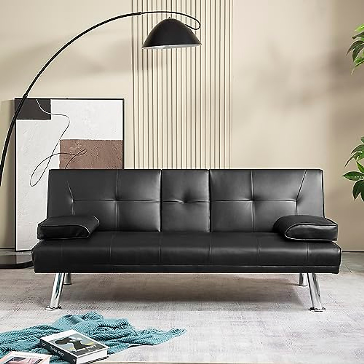 Convertible Sofa Bed Adjustable Couch Sleeper Modern Home Recliner Reversible Loveseat Folding Daybed Guest Bed for Living Room,PU,2 Cup Holders,3 Angles,Metal Legs,600lb Capacity