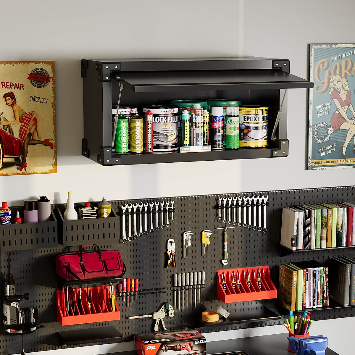 Aobabo Metal Wall Cabinet with Up-Flip Door,Small Metal Garage Storage Cabinet for Garage&Office&Home Storage,Assembly Required,Black