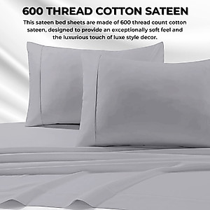 Tribeca Living Bed Sheet Set, Soft Egyptian Cotton Sateen Solid Sheets and Pillowcase Set, Deep Pocket, 600 Thread Count, 6-Piece Luxury Bedding, Queen, Silver Grey