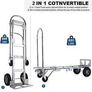 TOPDEEP Heavy Duty Aluminum Hand Truck, Industrial Convertible Hand Truck Dolly Large Size, Utility Cart Converts from Hand Truck to Platform Cart with 10" Hi Tech Rubber Wheels