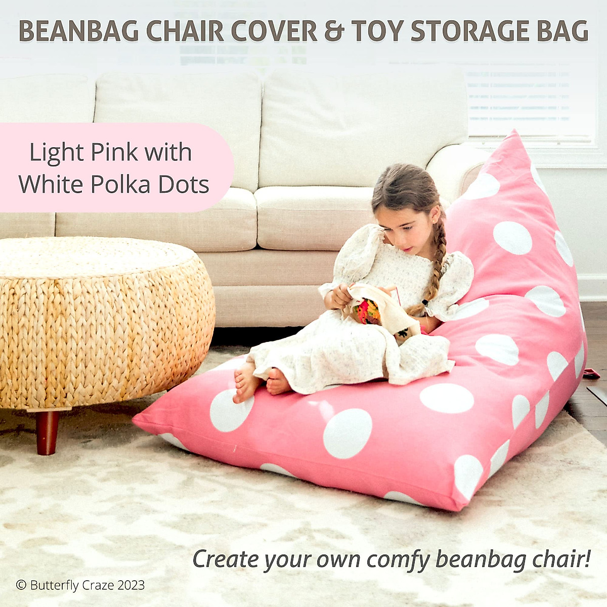 Butterfly Craze Bean Bag Chair Cover, Functional Toddler Toy Organizer, Fill with Stuffed Animals to Create a Jumbo, Comfy Floor Lounger for Boys or Girls, Stuffing Not Included, Light Pink Polka Dots