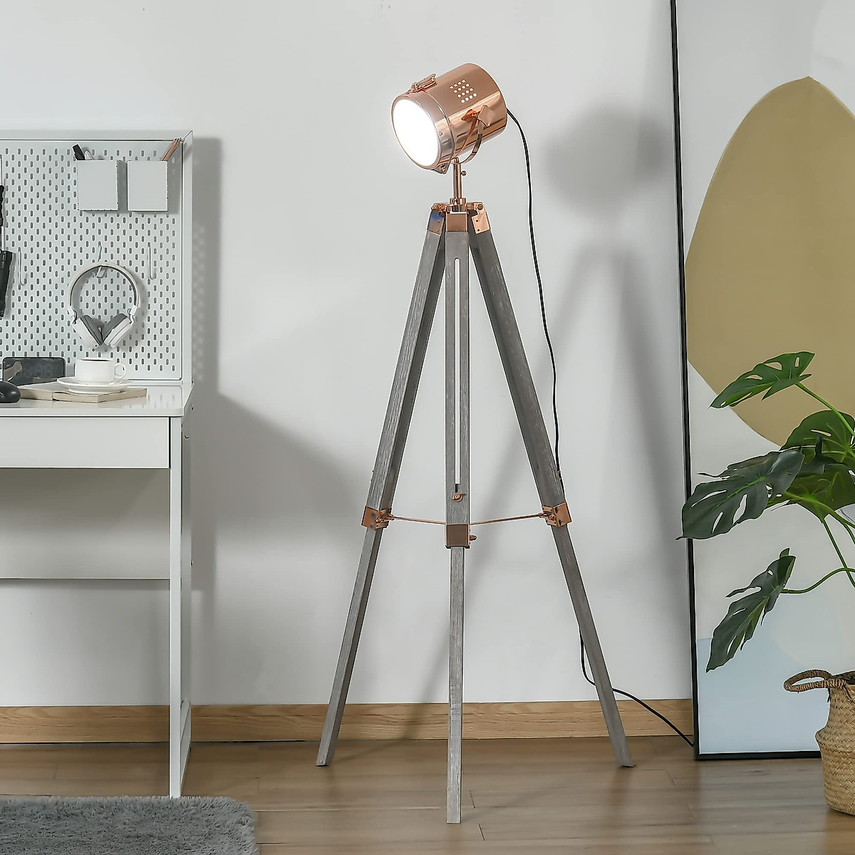 HOMCOM Vintage Tripod Floor Lamp, Height Adjustable Nautical Spotlight with Wood Legs, E12 Lamp Base for Living Room, Bedroom, Grey and Rose Gold