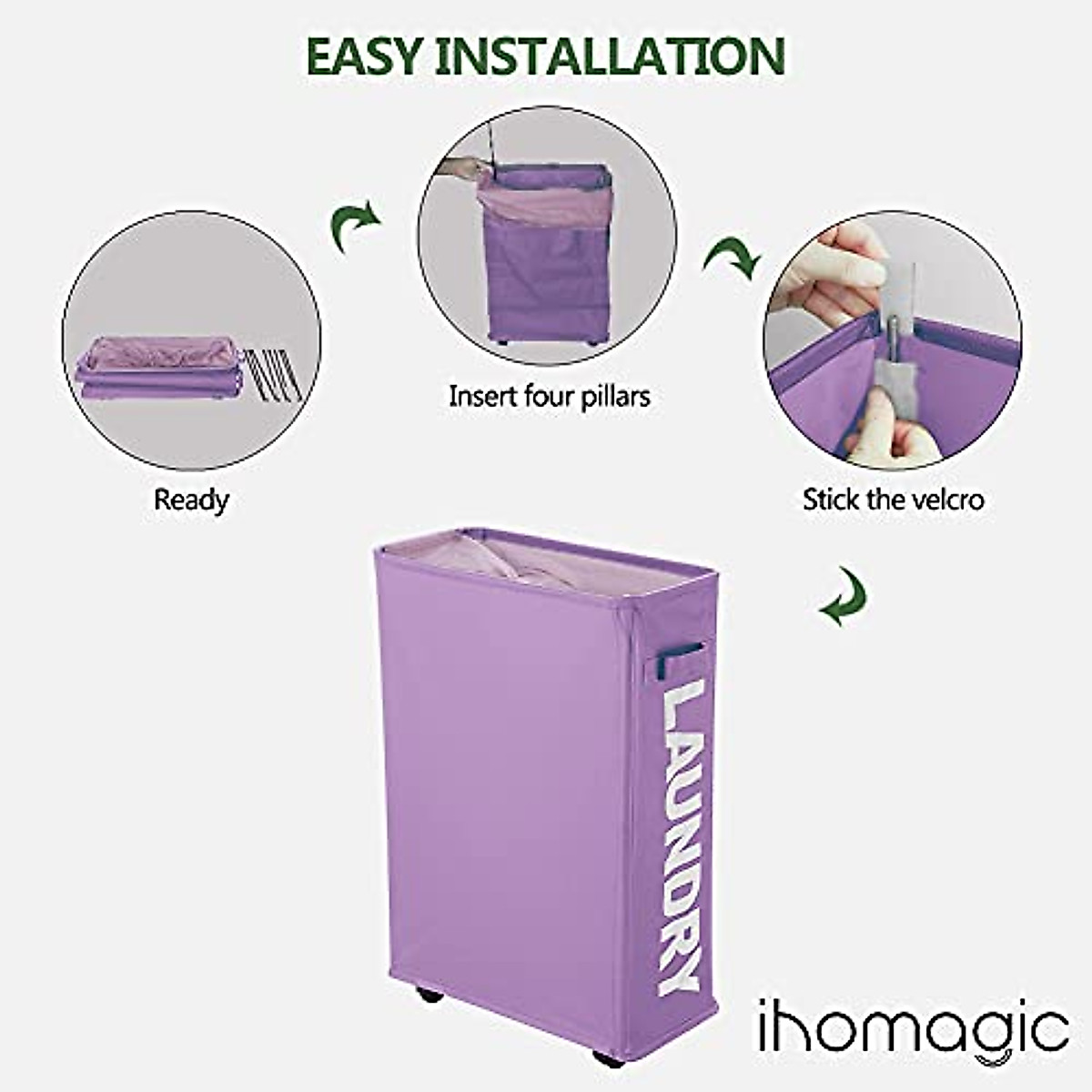 IHOMAGIC 40L Laundry Hamper Collapsible Fabric for Hotel, Freestanding Flexible Laundry Sorter on Wheels - Slim Storage Bag, Decorative Laundry Baskets for Books, Sundries Storage (Purple)