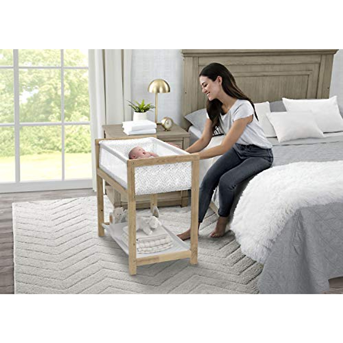 Delta Children Classic Wood Bedside Bassinet Sleeper Portable Crib with HighEnd Wood Frame, Paint Dabs