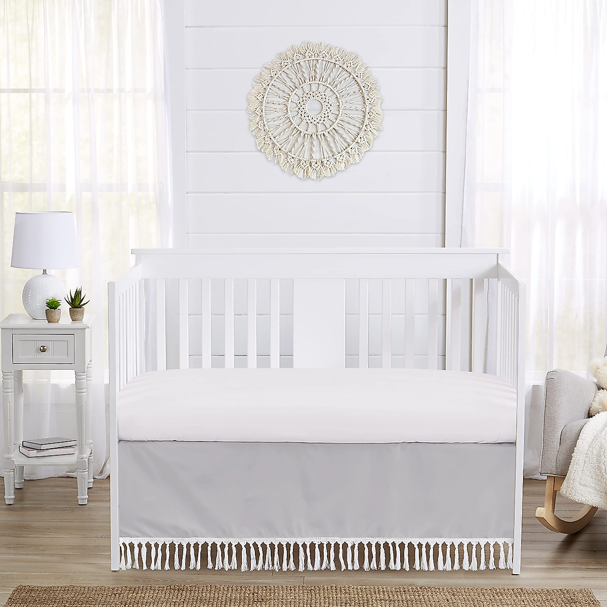 Sweet Jojo Designs Grey Boho Bohemian Boy Girl Baby Crib Bed Skirt Nursery Dust Ruffle Solid Color Gray and White Farmhouse Chic Unisex Minimalist Tassel Fringe Macrame Gender Neutral Unisex Textured