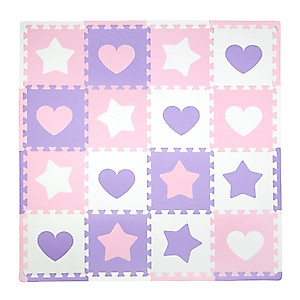 Tadpoles Hearts and Stars Foam Playmats for Kids, 16 Interlocking Foam Tiles, Waterproof, Durable, and Long-lasting | Total Floor Coverage 50” x 50” | For Ages 3 and Up | Pink, Purple, and White