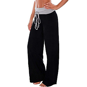 AMiERY Womens Pajamas High Waisted Juniors Sleep Stretch Solid Pants Wide Leg Pants Jogger Palazzo Lounge Pants Black L