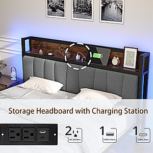 IETEBHHAS LED Queen Size Bed Frame with Headboard Storage Drawers, Smart Queen Bed Frames with Charging Station USB, Upholstered Platform Bed Frames Queen Size, Grey