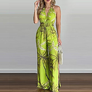 Women's Sexy Deep V-Neck Halter Wide Leg Jumpsuit Backless Floral Print High Waist Romper Pants(Green, S)