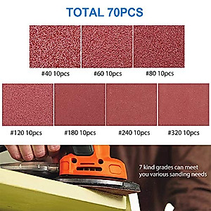 LotFancy Mouse Detail Sander Sandpaper, 70PCS 40 60 80 120 180 240 320 Assorted Grit Sanding Pads Sheets, 140mm, 6 Holes, Hook and Loop Backing