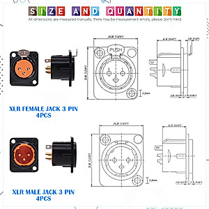 Glarks 8Pcs 3 Pin XLR Male Female Jack with Gold Plated Pin, Chassis Panel Mount Jacks D Series Size, Compatible with Series D Pattern Holes Audio Studio Connector