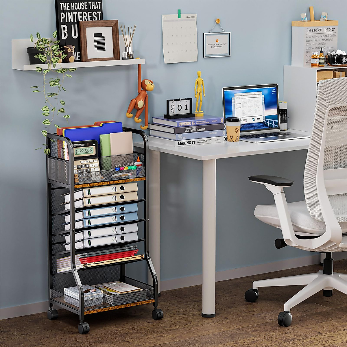 Rolling File Cart 6 Tier File Organizer Cart,Wood and Mesh Design with Detachable Wheels Removable Trays,Rolling Office Cart Homeschool Organization,Paper Organizer Desk Beside Mobile Bookshelf