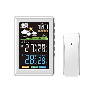 XARONF Weather Station Indoor Outdoor Thermometer, Color Display Digital Weather Thermometer with Atomic Clock, Forecast Station with Calendar and Adjustable Backlight, Black (Color : White)