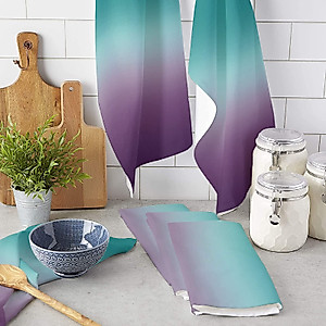 Kitchen Dish Towels 2 Pack-Super Absorbent Soft Microfiber,Ombre Gradient Turquoise Teal to Purple Cleaning Dishcloth Hand Towels Tea Towels for Kitchen Bathroom Bar
