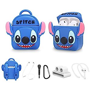 SUIHUOJI Cute Stitch Backpack Airpods Case,6 in 1 Silicone Airpods 2/1 Charging case Accessories Cover,3D Fashion Funny Cartoon Shoulder Bag Protective Design Skin for Apple Earphone 2&1 with Keychain