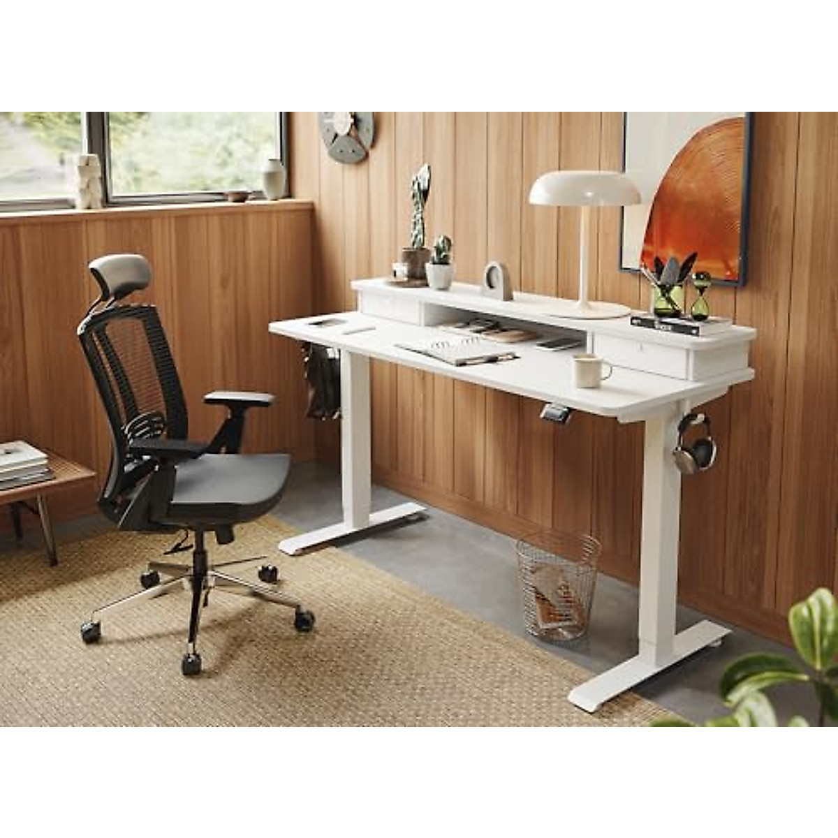 FEZIBO 55 x 24 Inch Height Adjustable Electric Standing Desk with Double Drawer, Stand Up Desk with Storage Shelf, Sit Stand Desk, White