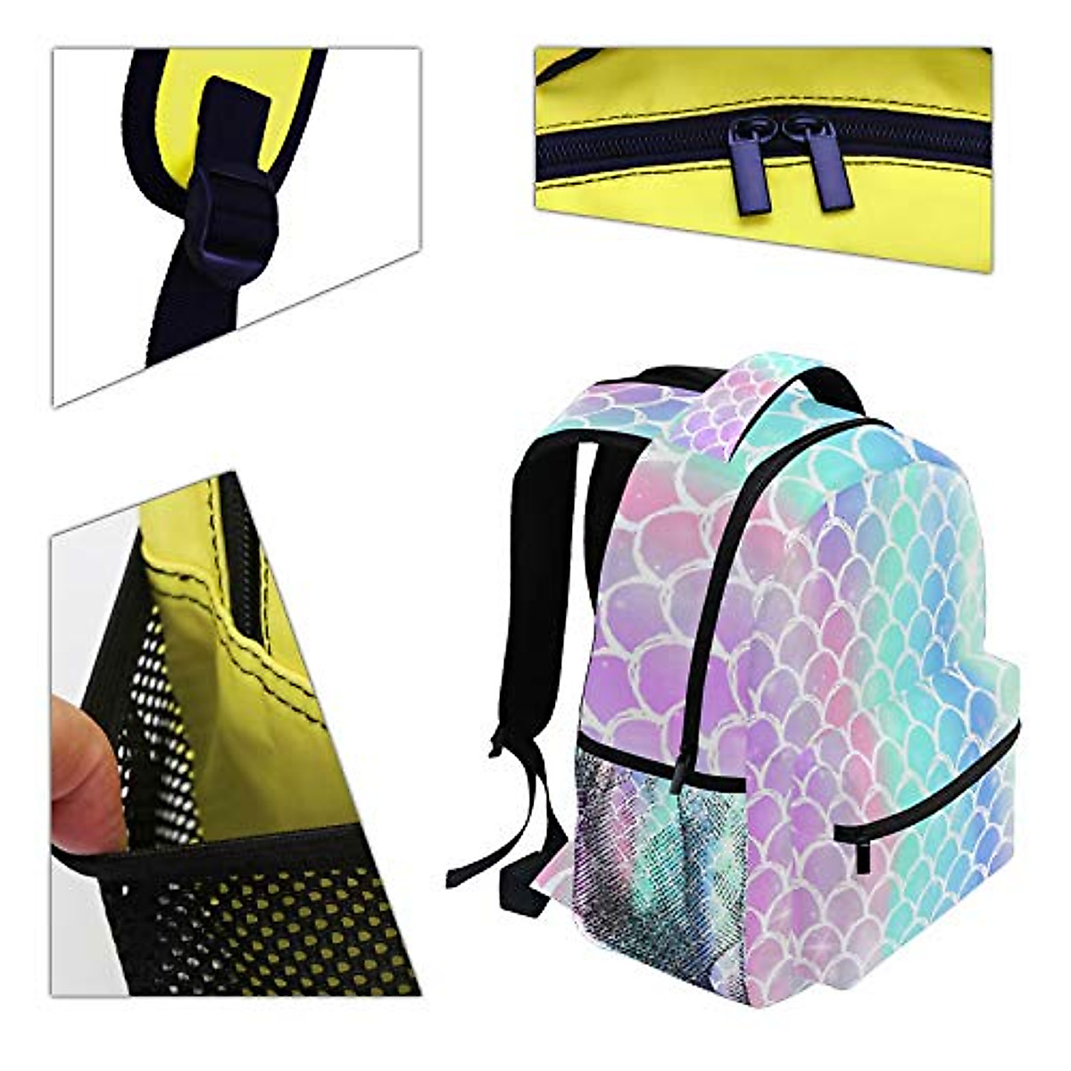 Wamika Colorful Mermaid Scale Backpacks for Girls Women, Rainbow Marble Galaxy Computer Laptop Backpack, Fish Scales Kid’s School Book Bag, Casual Travel Camping Daypack