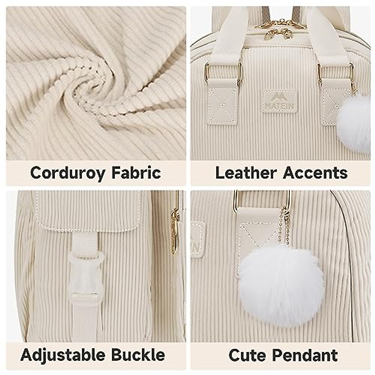 Backpack for Teens Girls, 15.6 Inch Cute Corduroy College School Computer Bookbag with USB Charging Port, TSA Lightweight Soft Travel Backpack Aesthetic Purse Bag for Women Nurse Teacher Work, Beige