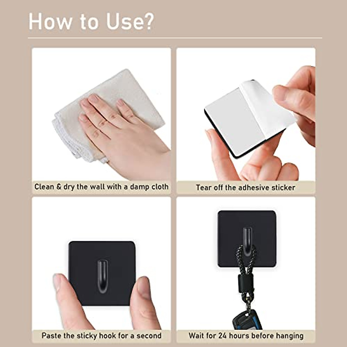 JIQGOZBAN Adhesive Hooks 4 Packs, No Drill Heavy Duty Sticky Wall Hooks Stainless Steel No Rust for Home Entryway Hanging Clothes, Bathroom Towels Hangers, Kitchen Utensils Holders (Matte Black)