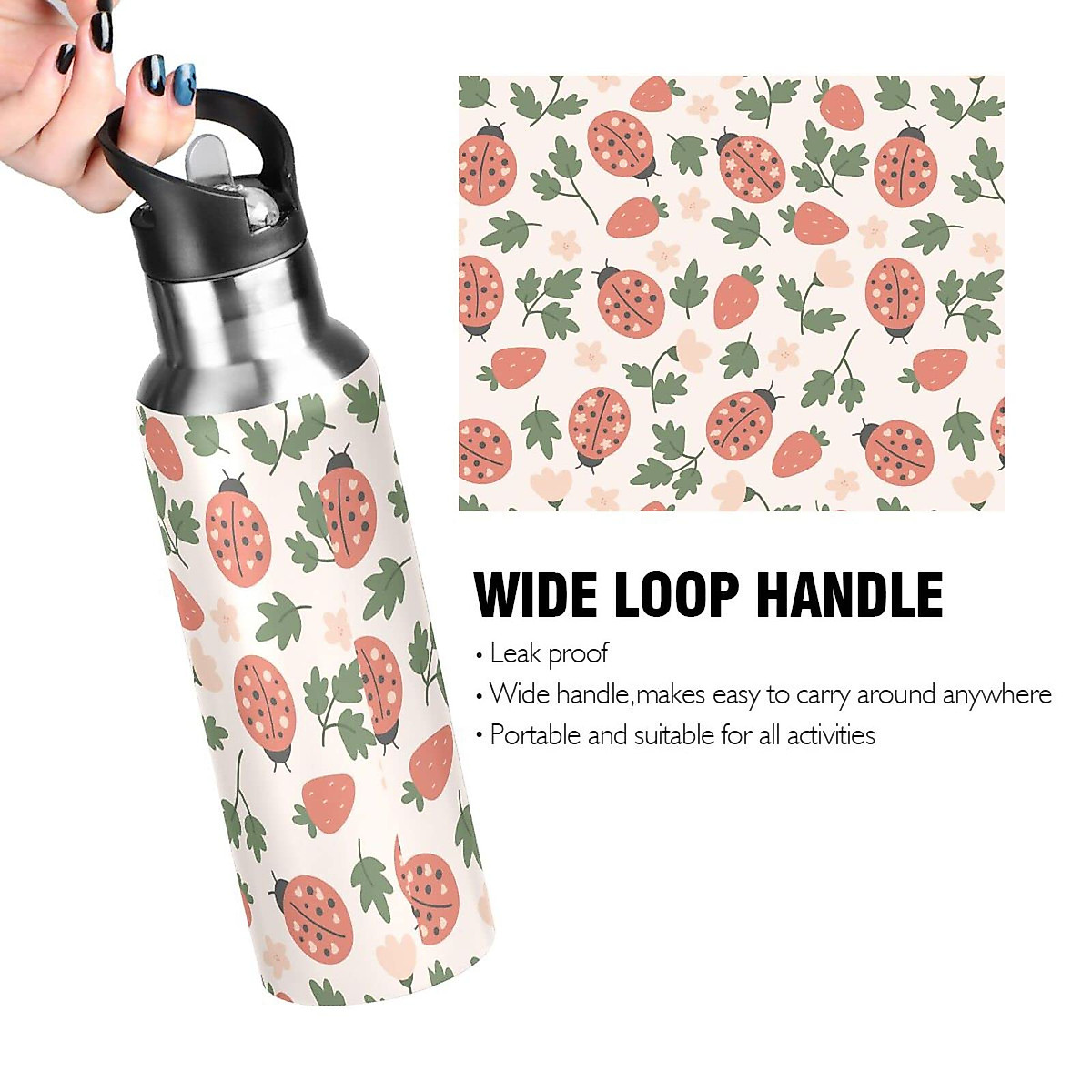 ALAZA Ladybug Strawberry Flower Leaves Water Bottle with Straw Lids Boys Girls,Vacuum Insulated Leakproof Stainless-Steel Sports Bottle Thermal Flask for Gym Yoga Camping,20oz (600ml)