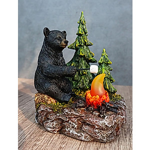 Ebros Whimsical Rustic Forest Black Bear Holding Twig with Marshmallow by Bonfire Campfire LED Night Light Statue Woodland Cabin Lodge Decor Bears Figurine As Decorative Home Accent