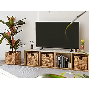 StorageWorks Wicker Storage Cubes with Liners, Water Hyacinth Storage Baskets for Shelving, Handwoven Square Baskets with Built-in Handles, Medium, 4 Pack