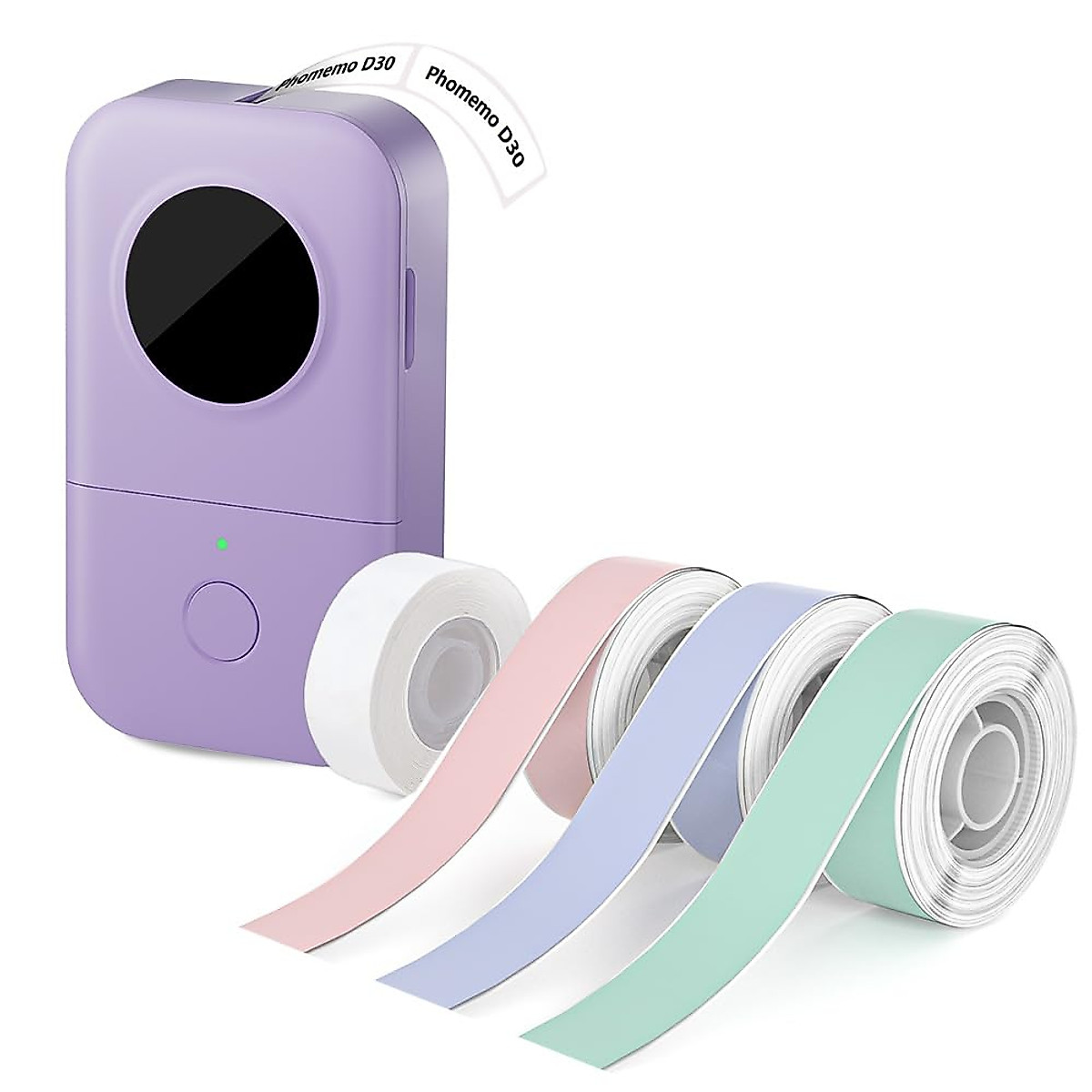 Purple D30 Label Maker Machine with 4 Tapes - Black on Pink, Blue, Yellow, White Tape, Mini Bluetooth Label Printer, Portable Smart Phone Handheld Sticker Mini Labeler Inkless Rechargeable, BPA-Free
