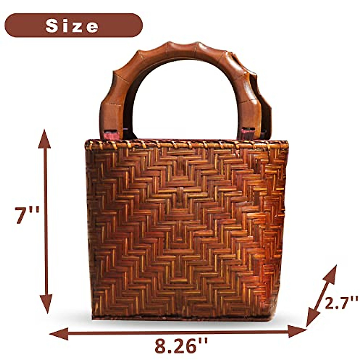 QTKJ Straw Bag for Women, Summer Beach Handmade Rattan Tote Bag, Round Wooden Handle, Boho Retro Straw Woven Handbag, Large Capacity Beach Bag for Vacation Daily
