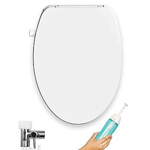 GenieBidet Slow-Close STEALTH ELONGATED Bidet. Dual Nozzles Self Cleaning. Adj. Water Pressure. No Wiring. If you can install a toilet seat you can install this. T adapter & Bottle Bidet included.