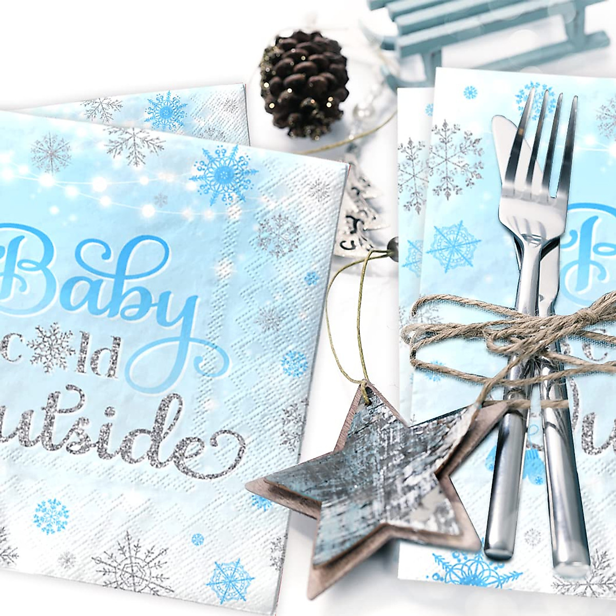 Baby It’s Cold Outside Baby Shower Decorations-40Pcs Blue Baby Shower Napkins Winter Wonderland Snowflake Frozen Paper Napkins Baby It’s Cold Outside Party Supplies for Boy (Blue)