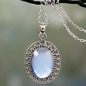 NOVICA Artisan Handmade Chalcedony Pendant Necklace Pale Blue Artisan Crafted Silver Sterling India Serenity Airy [18 in L 2 mm W Pendant(s) 1.6 in L x 0.9 in W x 0.3 in D] ' Azure Ice'