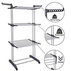 Bigzzia Clothes Drying Rack Folding Clothes Rail 3 Tier Clothes Horses Rack Stainless Steel Laundry Garment Dryer Stand with Two Side Wings Grey