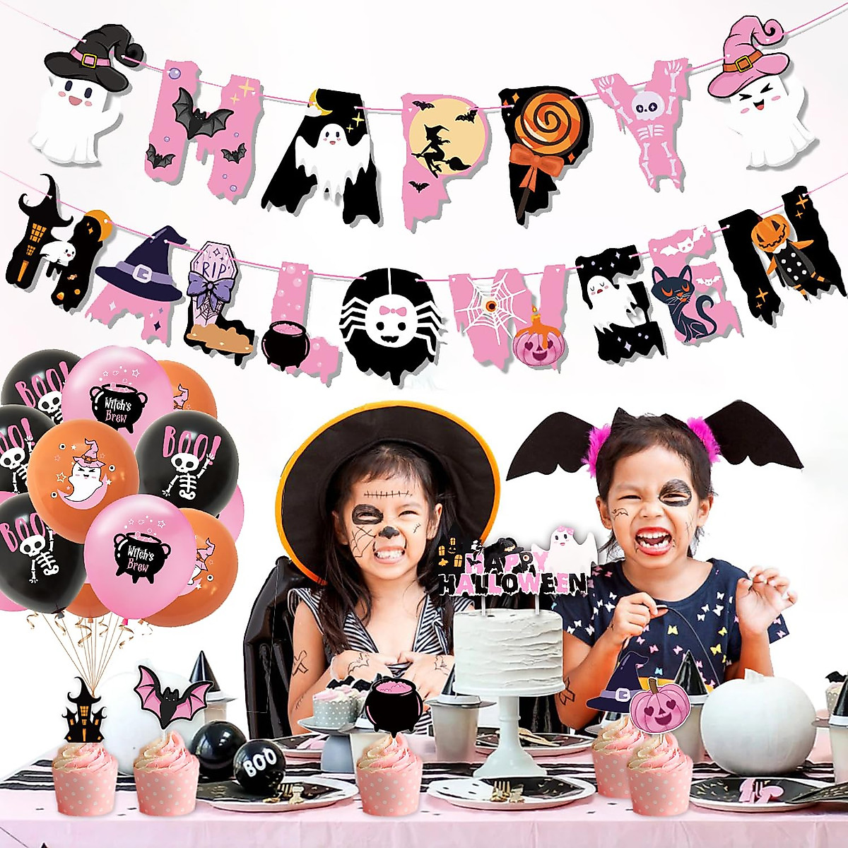 Pink Black Halloween Birthday Party Decorations Kit Happy Halloween Banner Castle Cake Topper Ghost Witch Bat Cupcake Toppers Skeleton Boos Ghost Balloons Kit for Halloween Baby Shower Party Decor