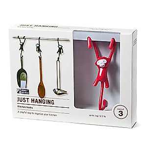 Monkey Business Just Hanging Kitchen Hooks for Hanging Kitchenware Tools, Pots, Lids, Plants & More - (Set of 3 Hooks) (Red)
