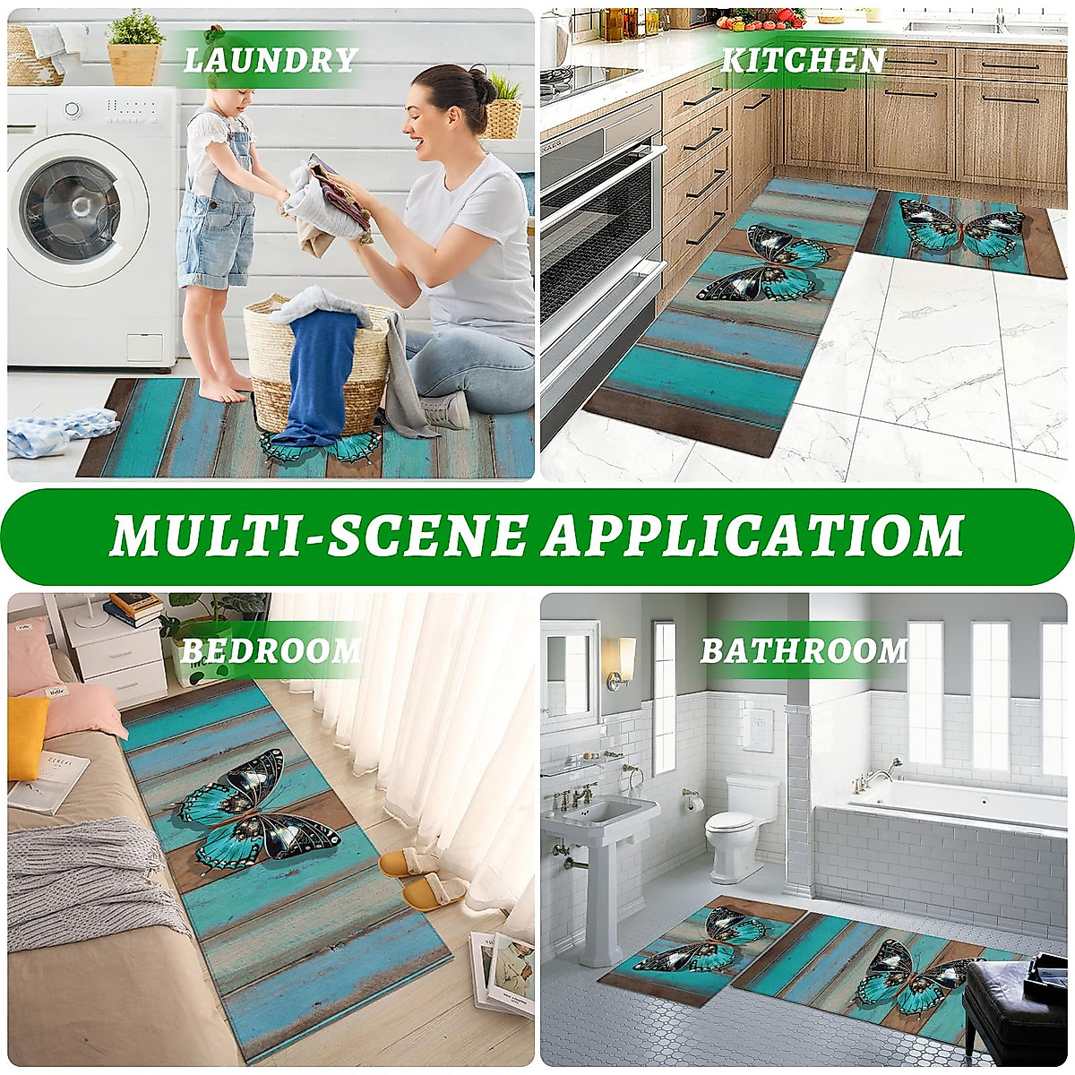 Turquoise Kitchen Mats for Floor Cushioned Anti Fatigue 2 Piece Set Kitchen Runner Rugs Non Skid Washable Wooden Plank Butterfly