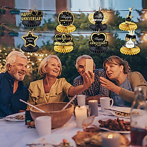 Happy Wedding Anniversary Decorations Table Honeycomb Centerpiece, 8pcs Anniversary Theme Party Supplies for Adult, 10th 25th 30th 40th 50th 60th Anniversary Table Decor Sign