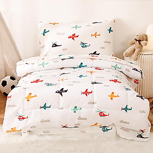 JSD Airplane Toddler Comforter Sheet Set, 4 Piece Toddler Bedding Set Soft Microfiber Toddler Sheet Set with Comforter