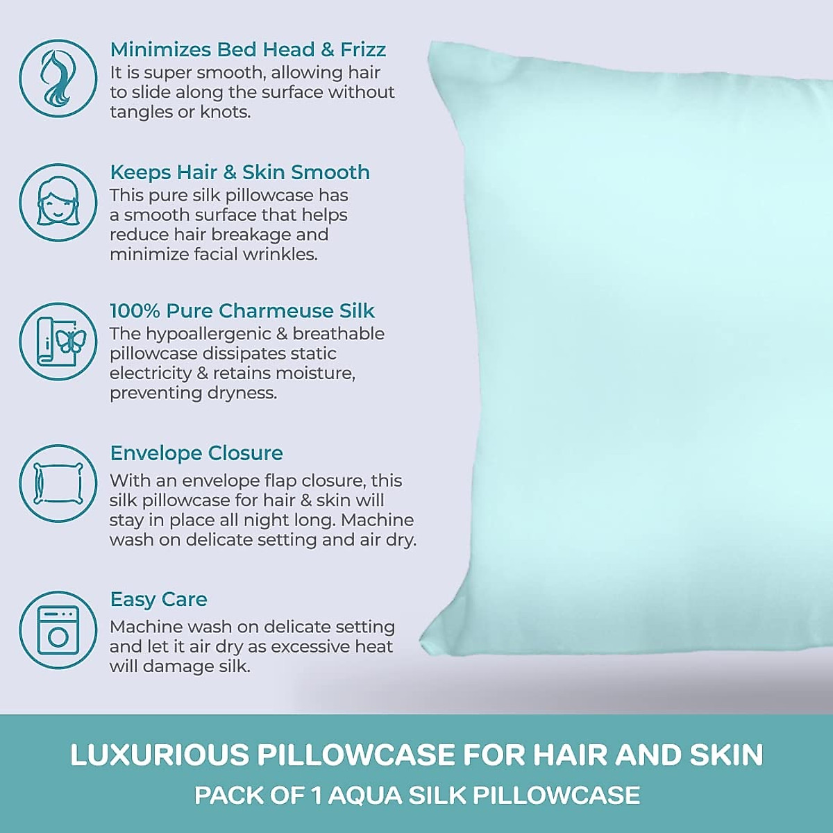 Spasilk Pure Silk Pillowcase, Charmeuse Silk Pillowcase, Hypoallergenic Pillowcase, King Sized, Aqua